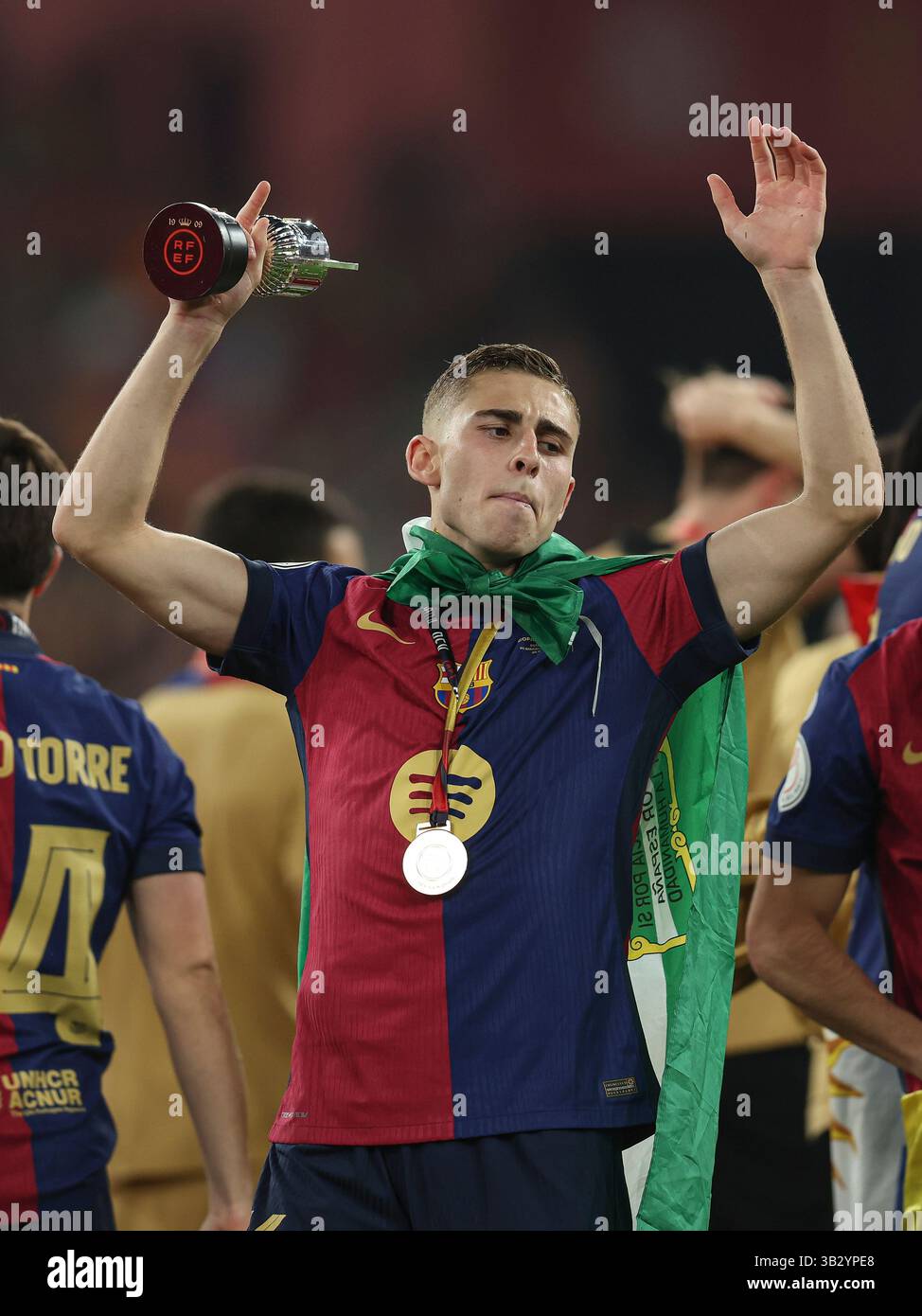 Sevilla, Spain. 27th Apr, 2025. Fermin Lopez of FC Barcelona celebrates ...