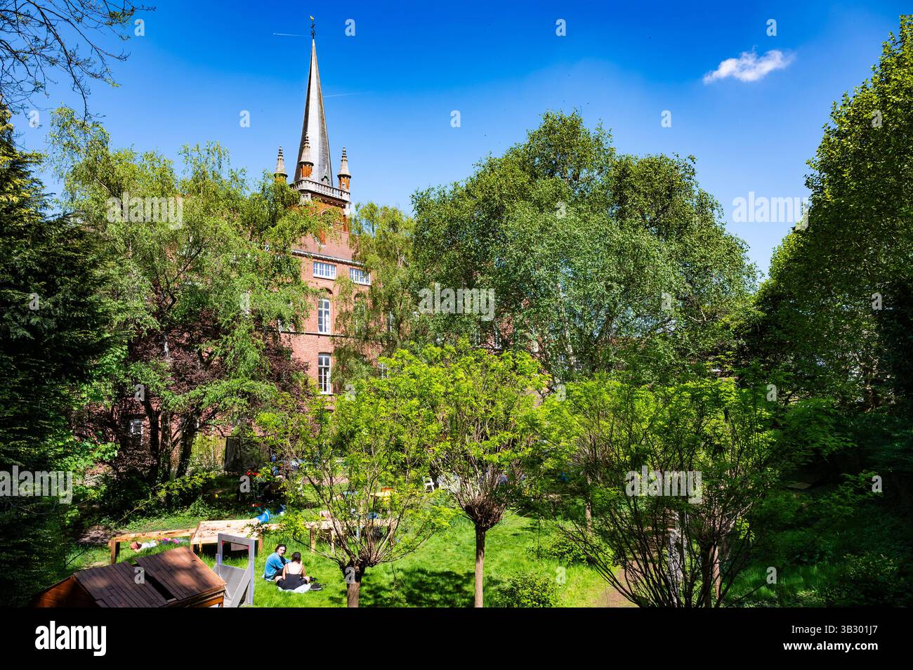 Green garden and inner court of local center for culture Mona in a ...