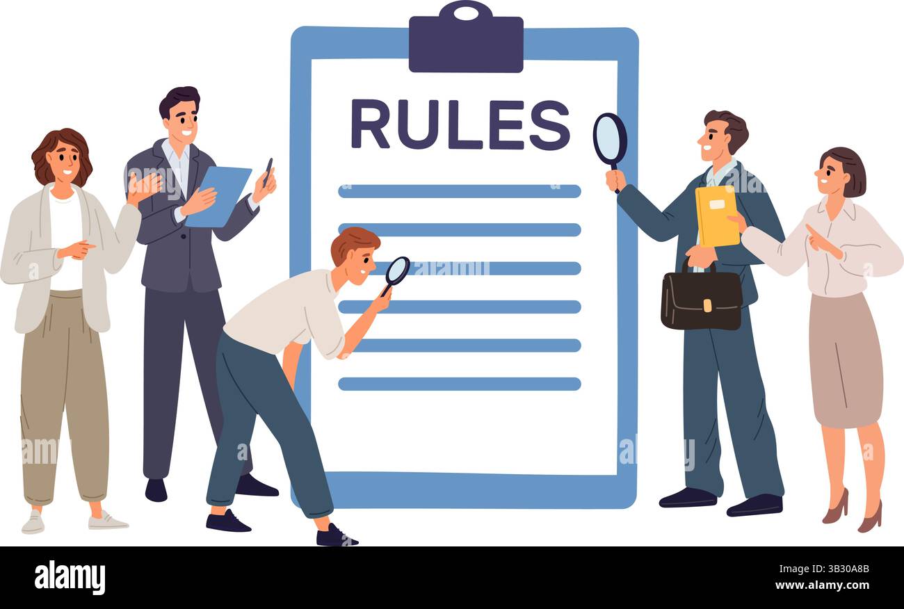 Office workers men and women study regulations. People reading rules ...