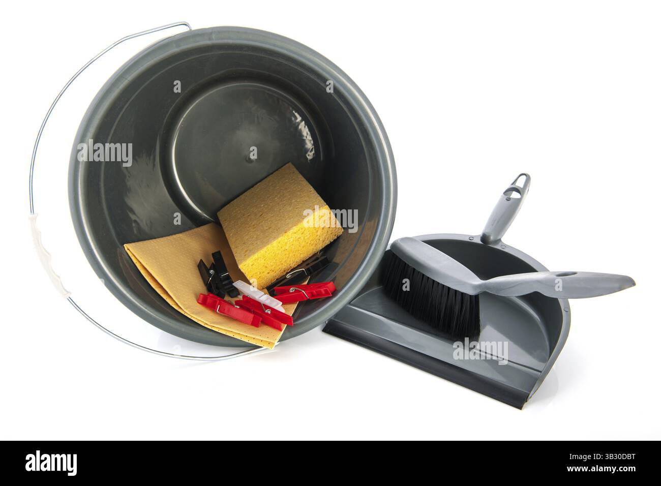Household objects with clothespegs cloth and bucket Stock Photo - Alamy