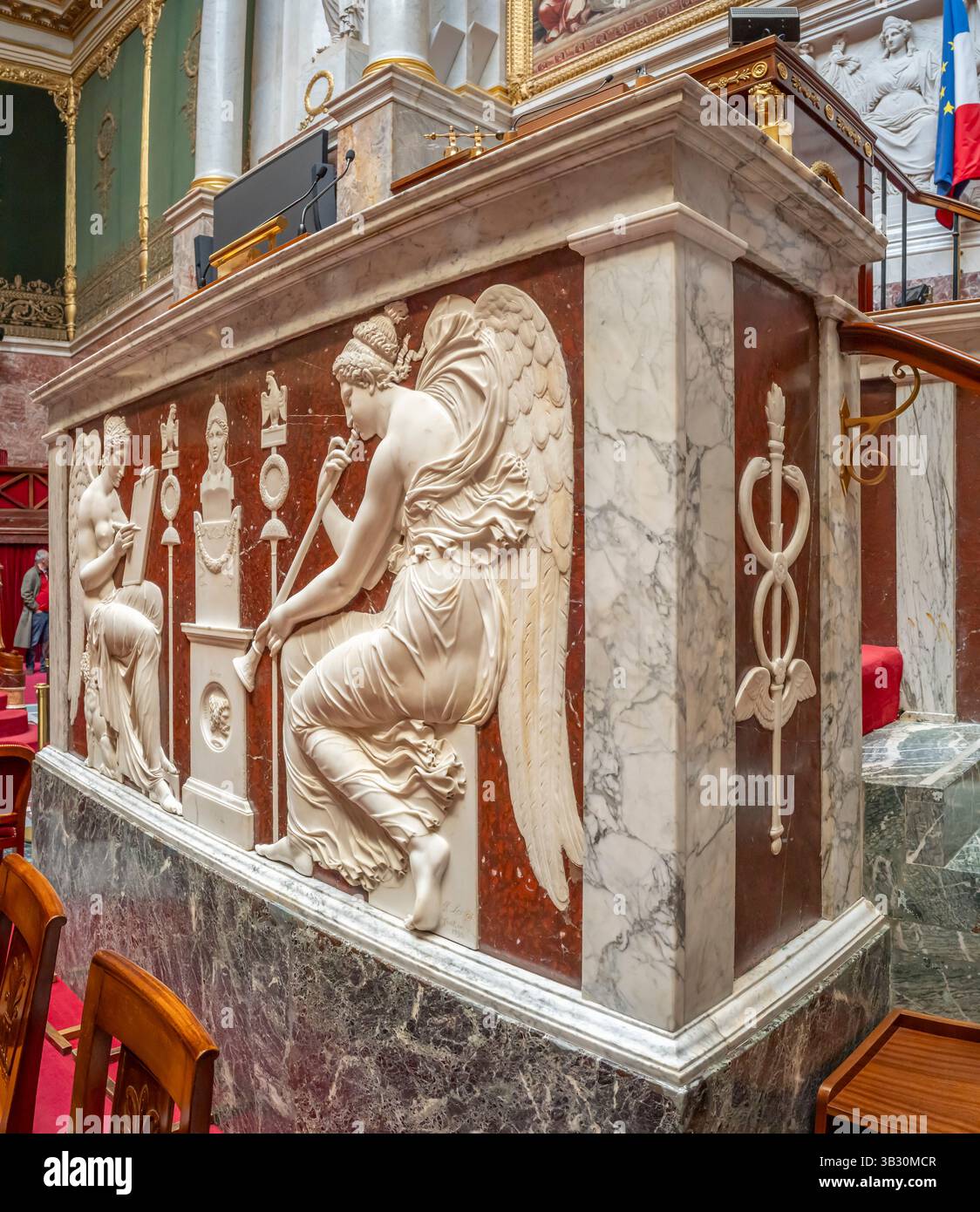 Paris, France - 04 24 2025: Detail view of The bas-relief represents ...