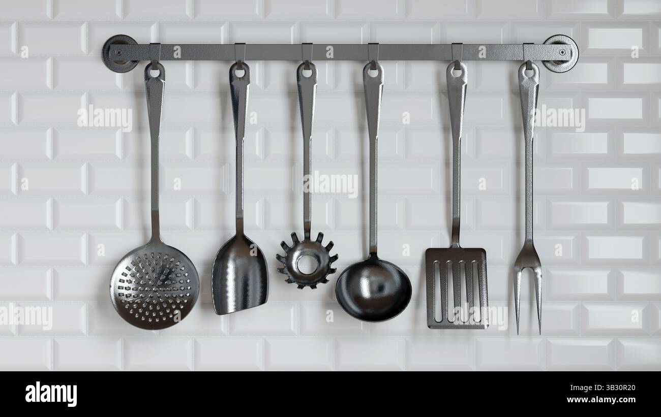 collection of sleek metal kitchen utensils is displayed on a rack ...