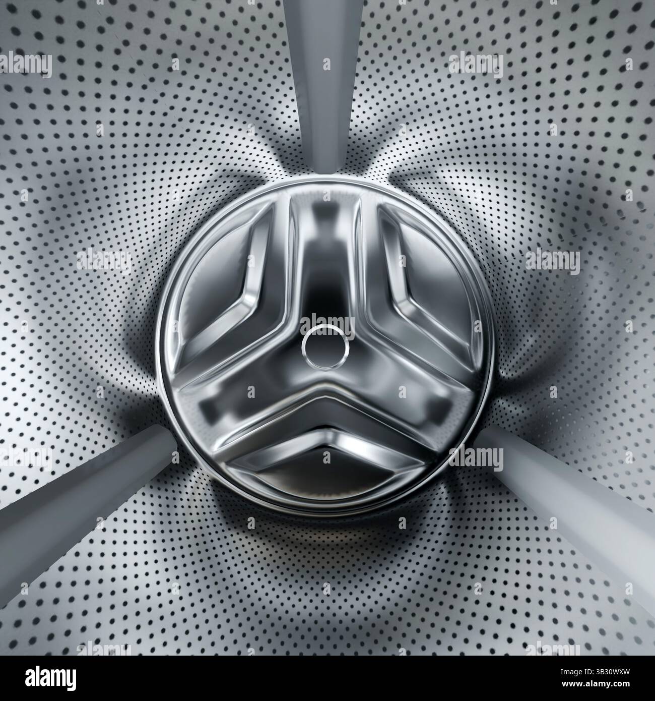 Focusing on the interior of a stainless steel washing machine drum ...