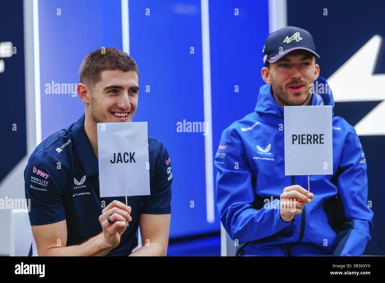 MELBOURNE, AUSTRALIA - MARCH 13: Pierre Gasly of France and BWT Alpine F1 Team plays a game with ...
