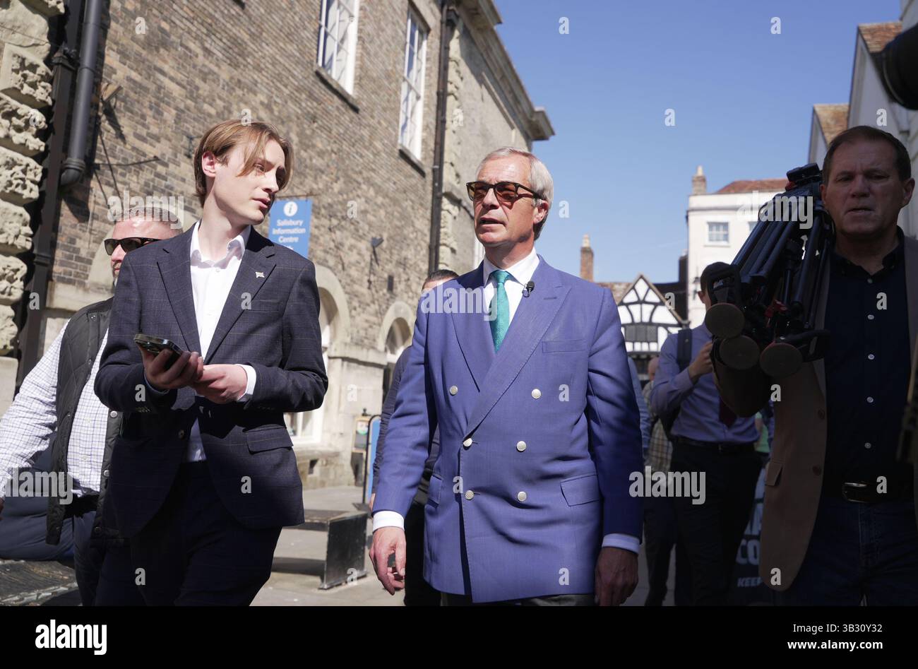 Reform UK leader Nigel Farage speaking to the media in Salisbury ...