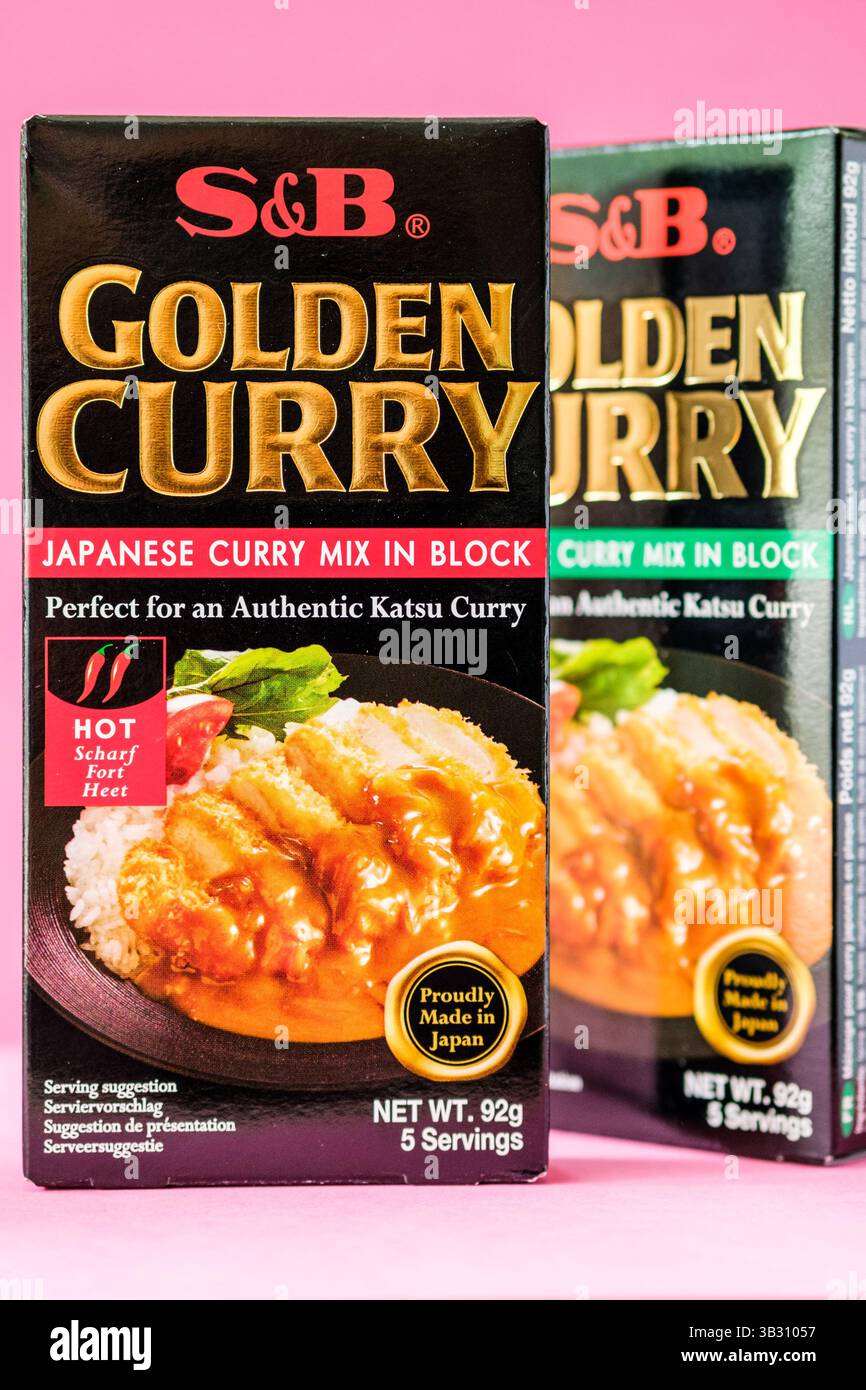 London UK, April 28 2025, Packs of S and B Hot and Medium Hot Golden ...