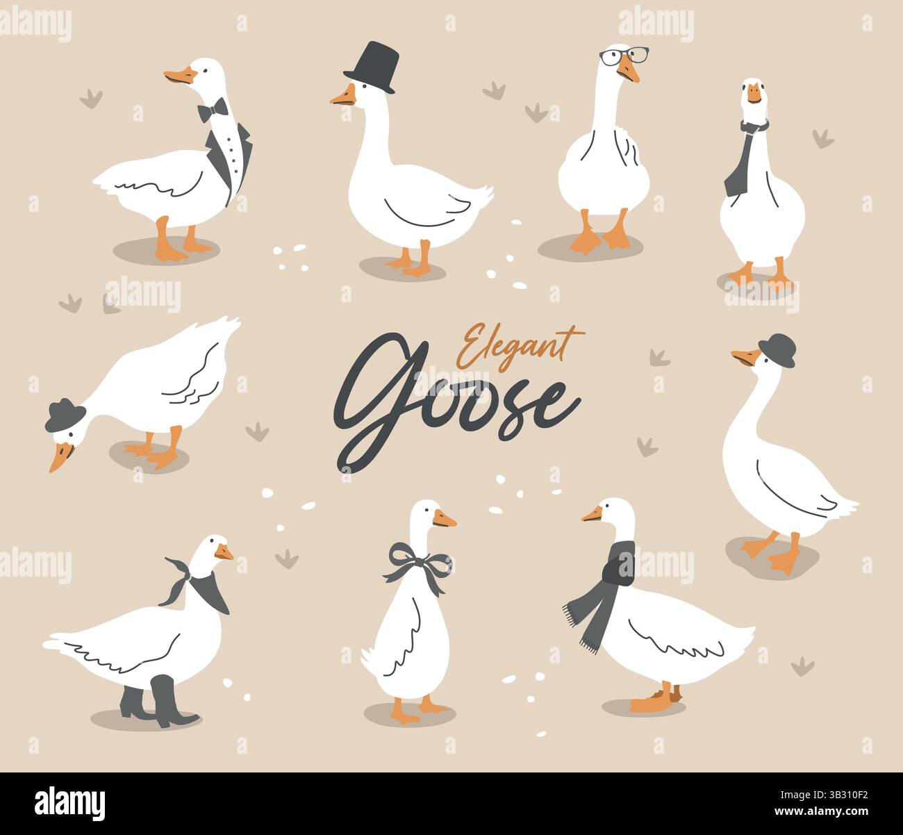 Set of cute dressed geese. Goose in a hat, tie, scarf, glasses. Funny ...