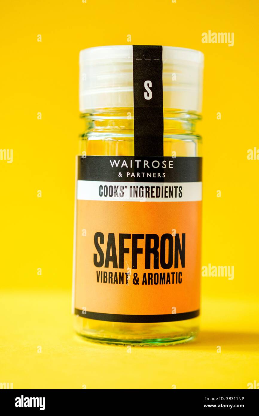 London UK, April 28 2025, Jar of Waitrose Aromatic Saffron Cooking ...