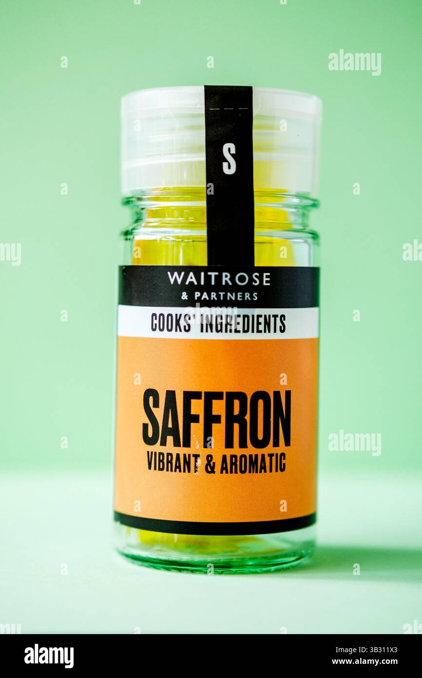 London UK, April 28 2025, Jar of Waitrose Aromatic Saffron Cooking ...