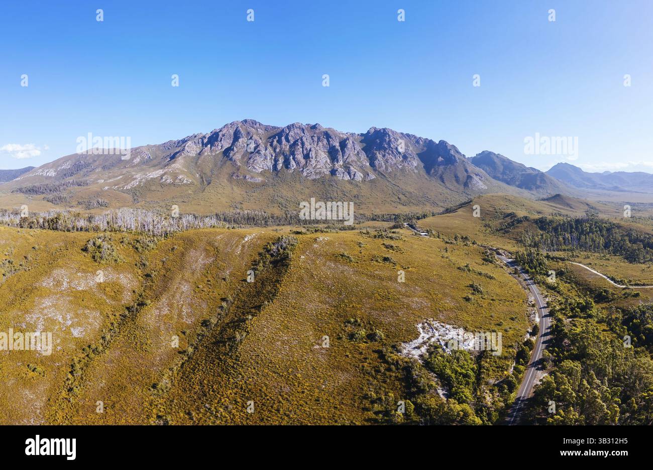 An aerial view of Gordon River Rd at the Sentinel range of mountains ...