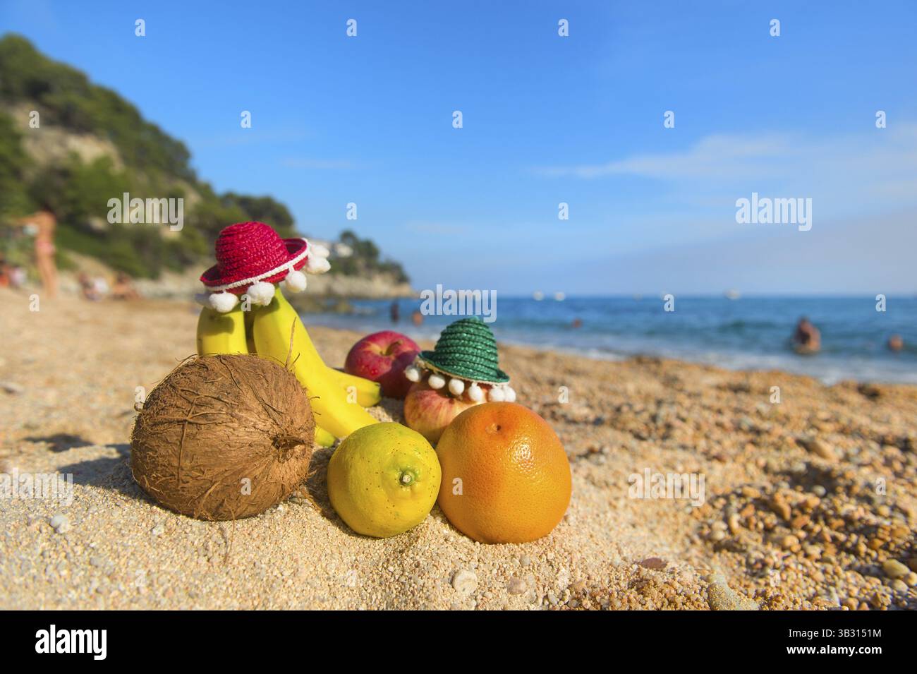 Assortment Fresh Spanish fruit with Sombrero at the beach Stock Photo ...