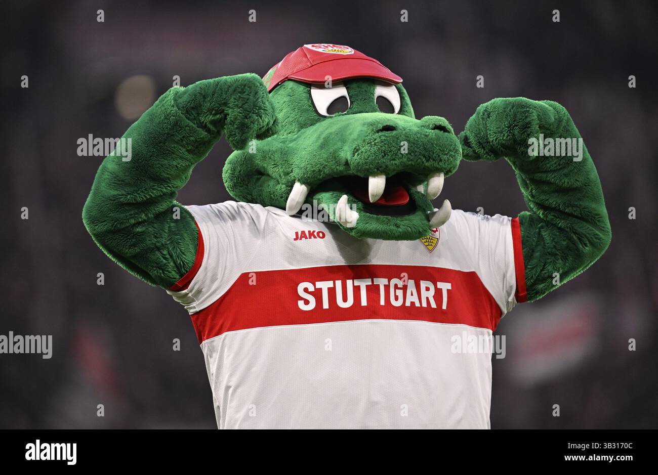 Mascot Fritzle VfB Stuttgart gesture imitates goal celebration of Deniz ...