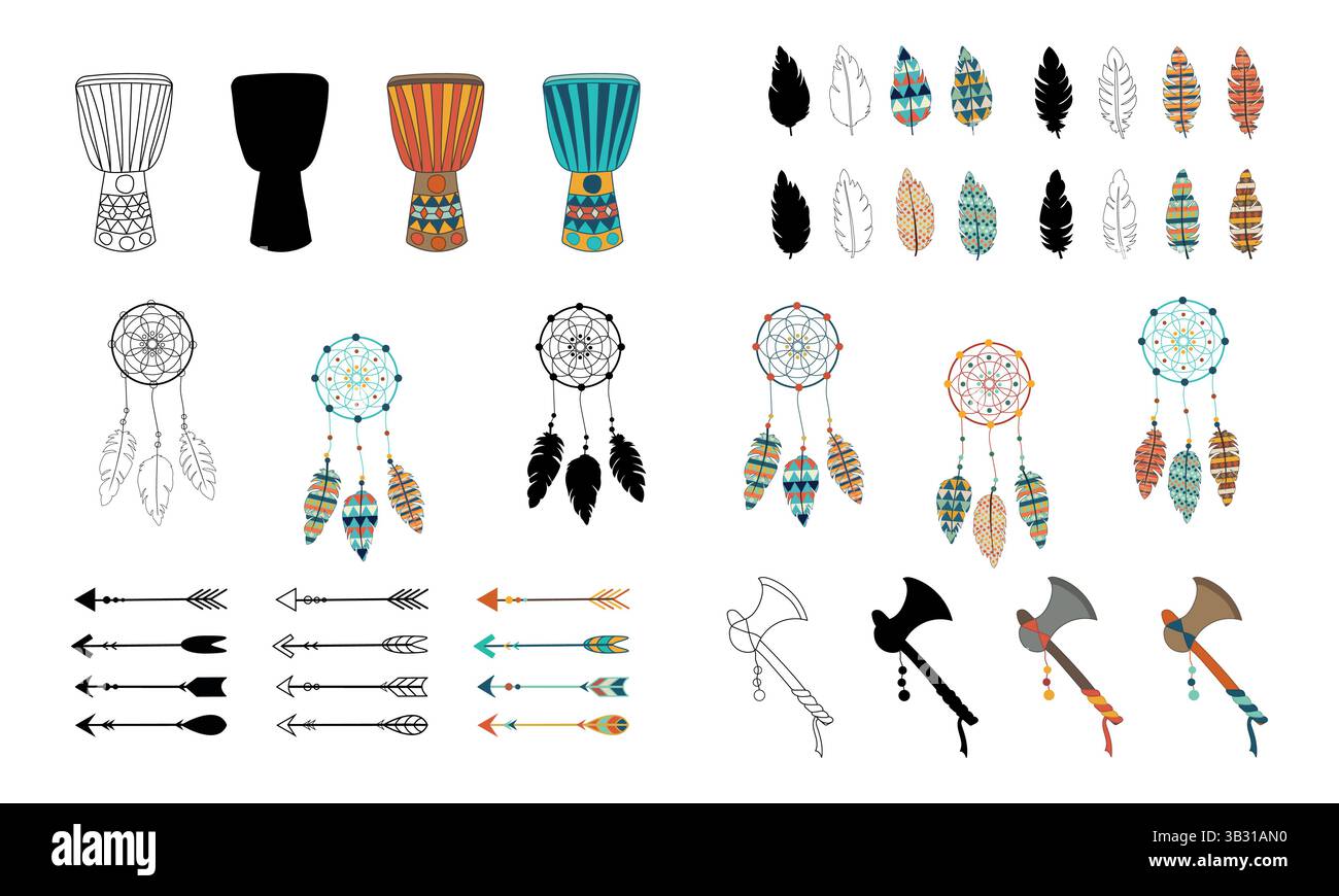 Set of Indian tribal elements with drums, dreamcatchers, feathers ...