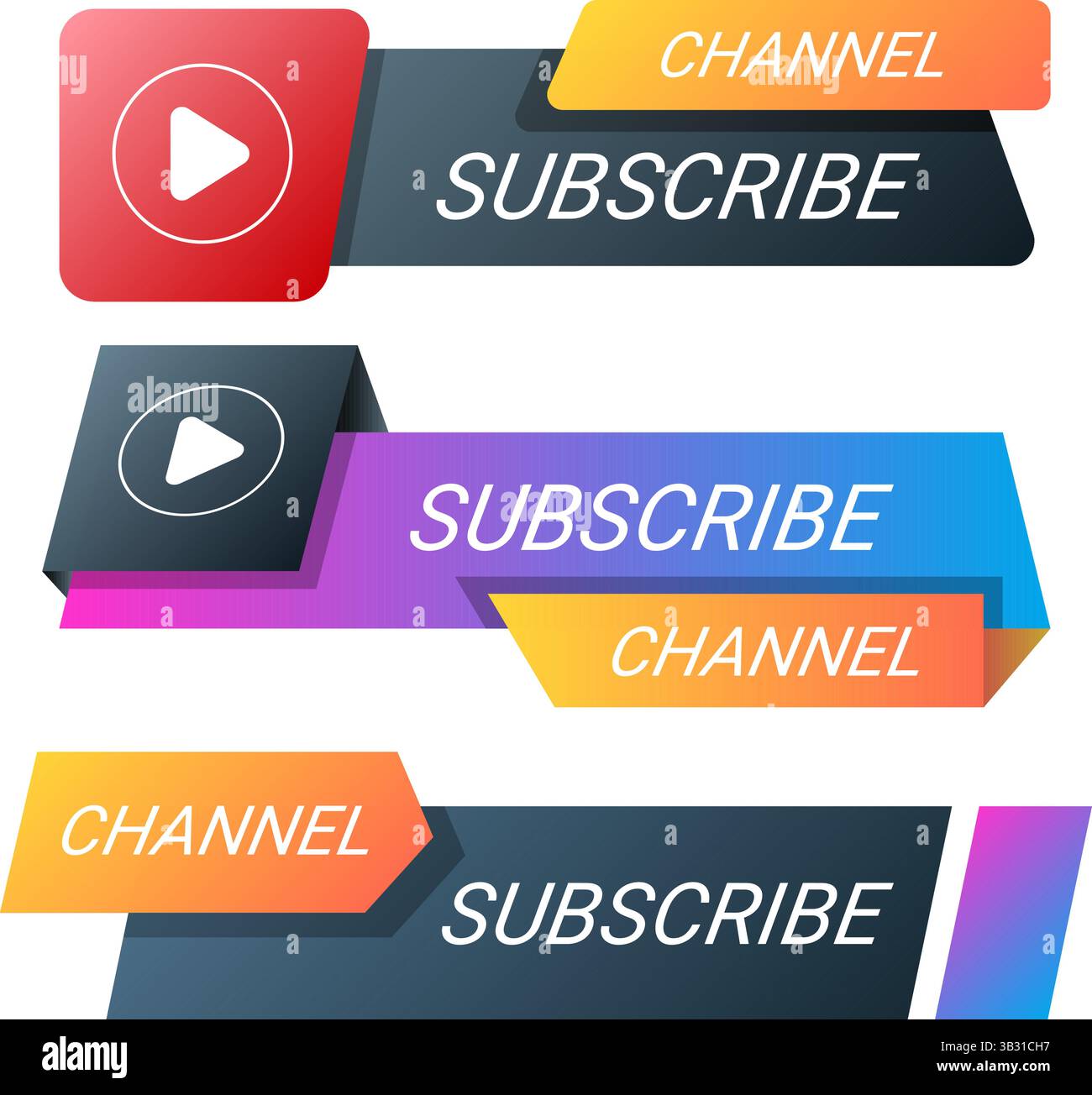A collection of three visually dynamic and modern button-style graphics ...