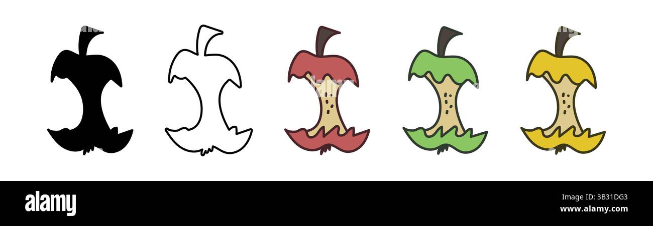Set of Apple Cores in Different Styles Black Silhouette, Outline ...