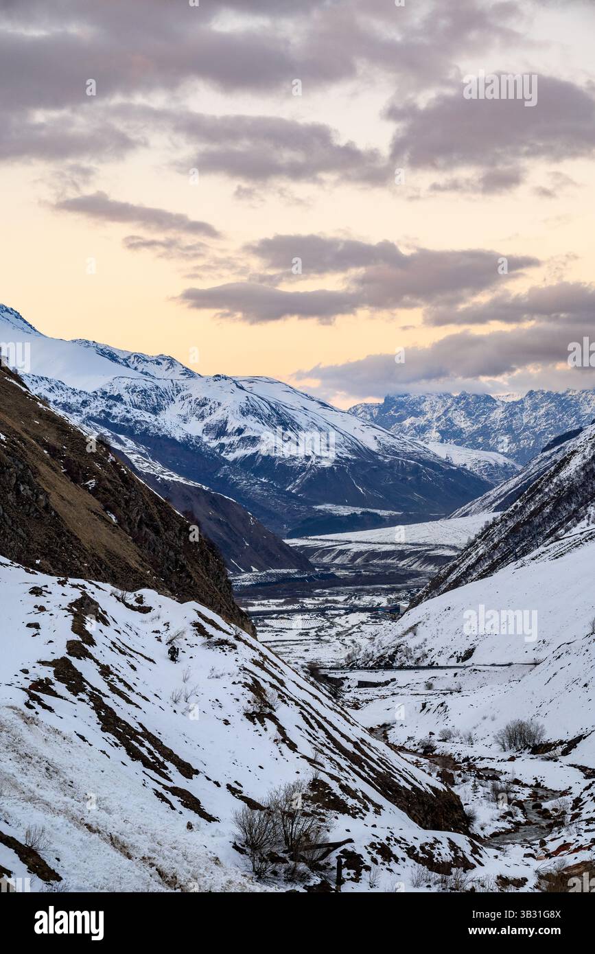 Terek river valley and mountain pass on the Georgian Military Road ...