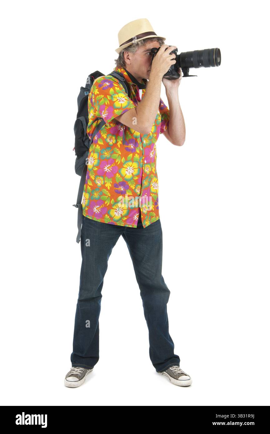 Typical tourist with backpack and photo camera Stock Photo - Alamy
