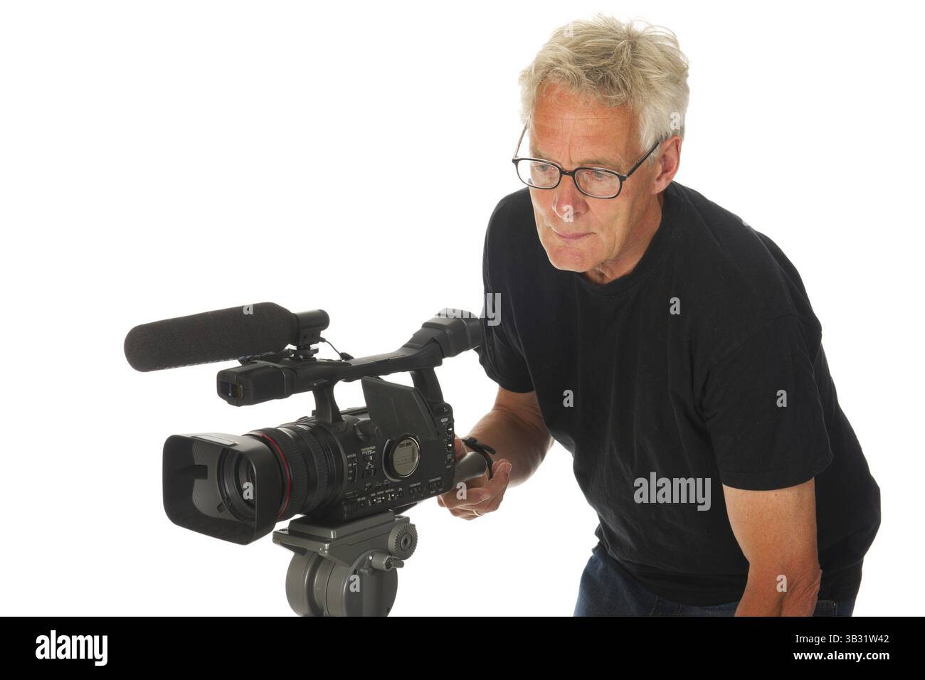 Professional video camera man on white background Stock Photo - Alamy
