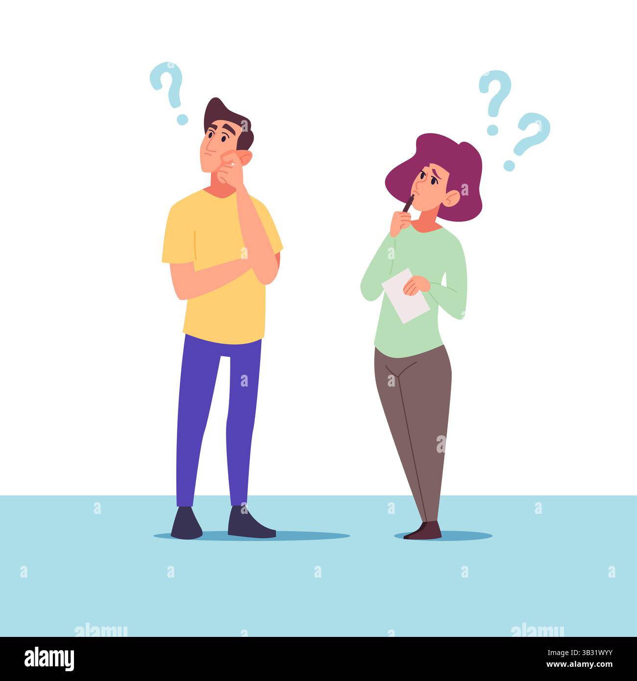 Thoughtful. male and female characters standing with question marks ...