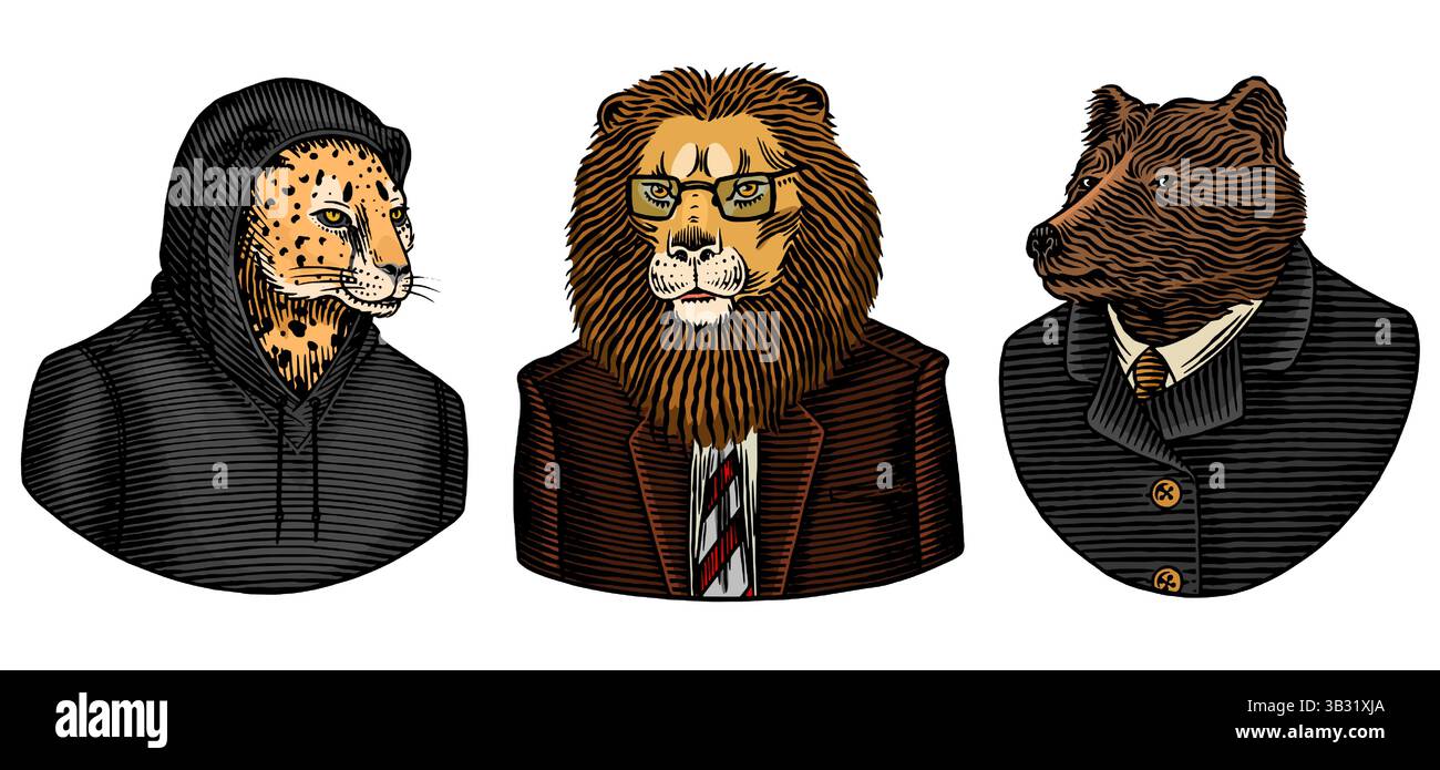3 different animals and birds in humans clothes and suits. Lion ...