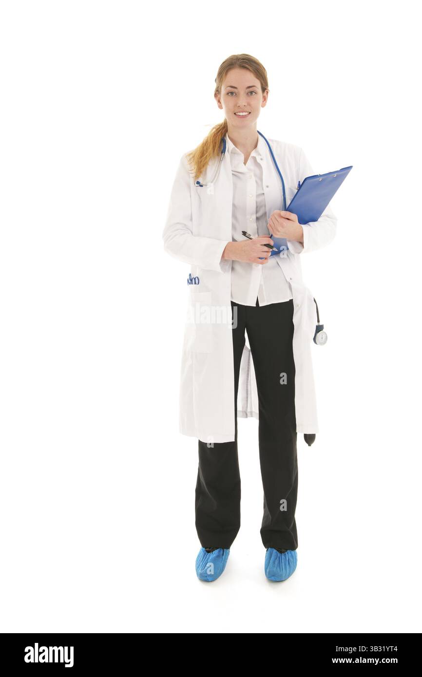 Portrait female doctor with stethoscope, clipboard and measurement tool ...