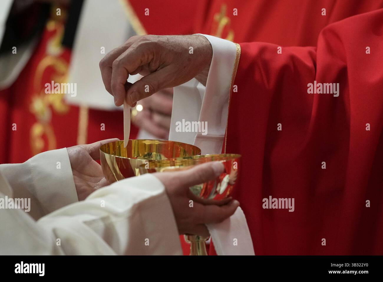 A Cardinal takes a host during a mass on the third of nine days of ...