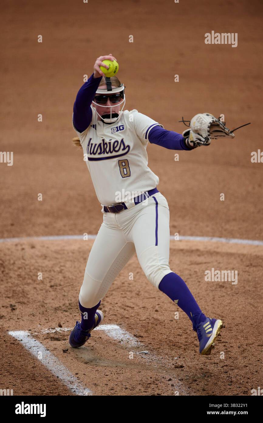 Washington Huskies pitcher Morgan Reimer (8) delivers a pitch during an ...