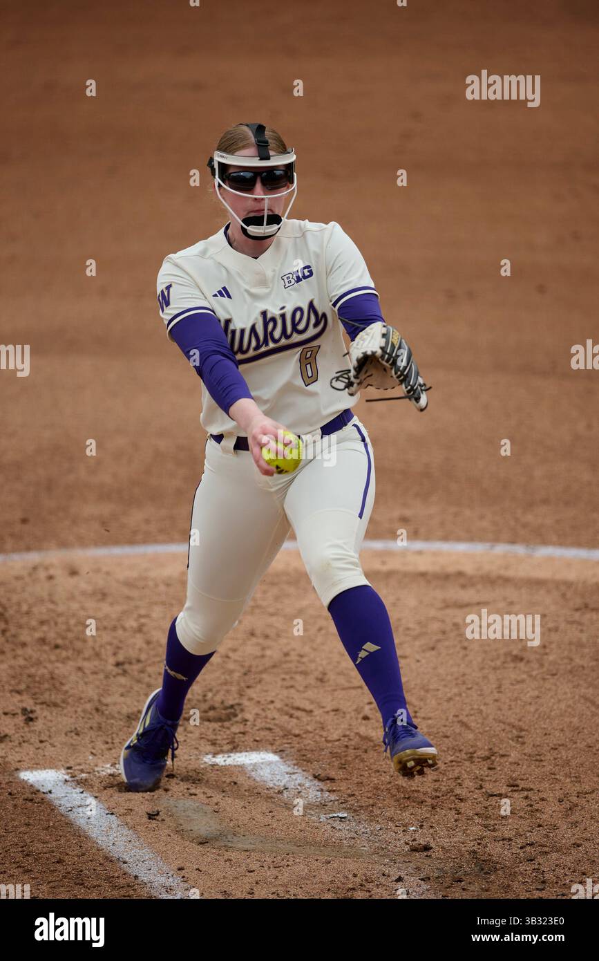 Washington Huskies pitcher Morgan Reimer (8) delivers a pitch during an ...