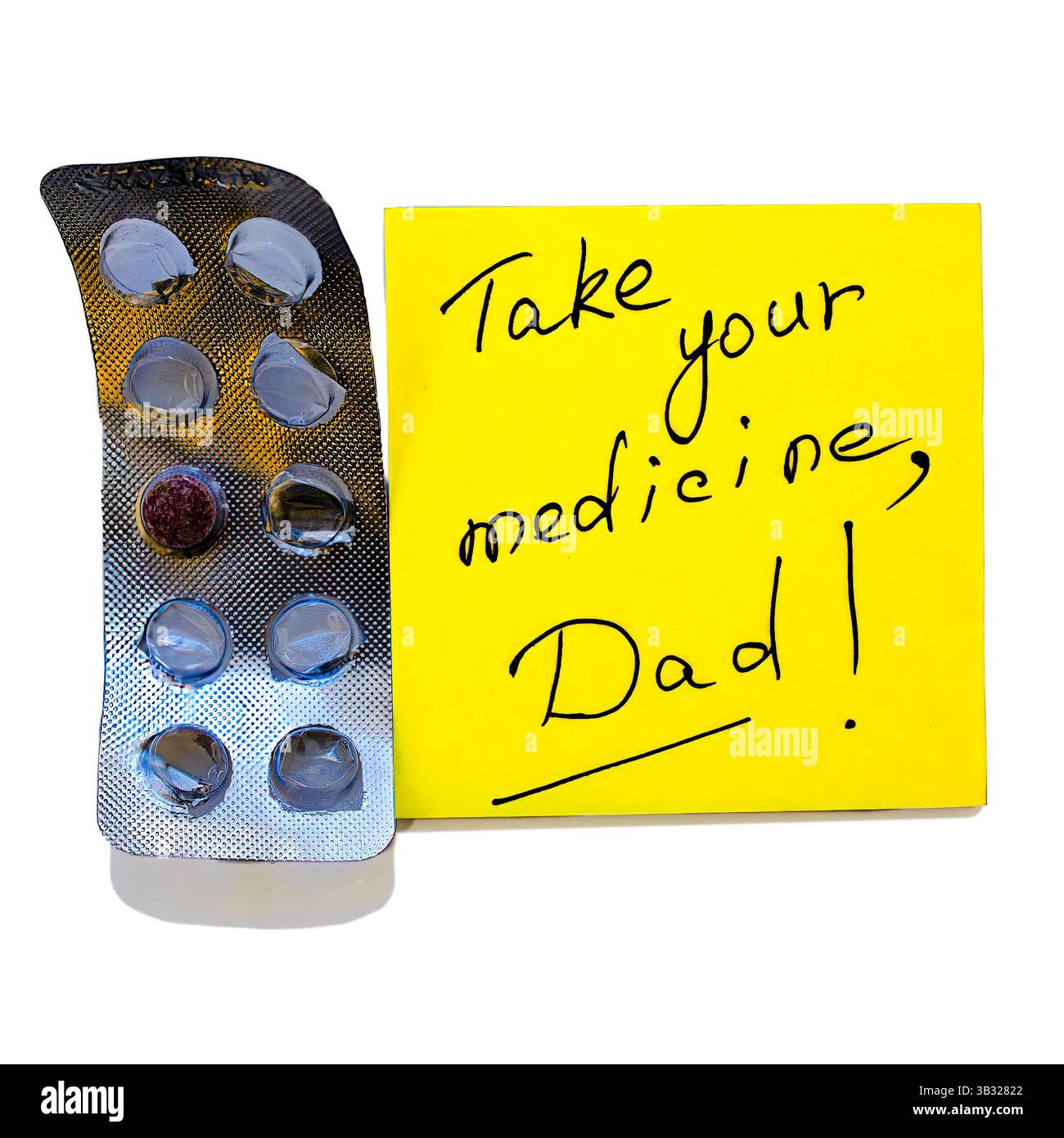 Pill box with a paper note: Take your medicine, Dad! Stock Photo - Alamy