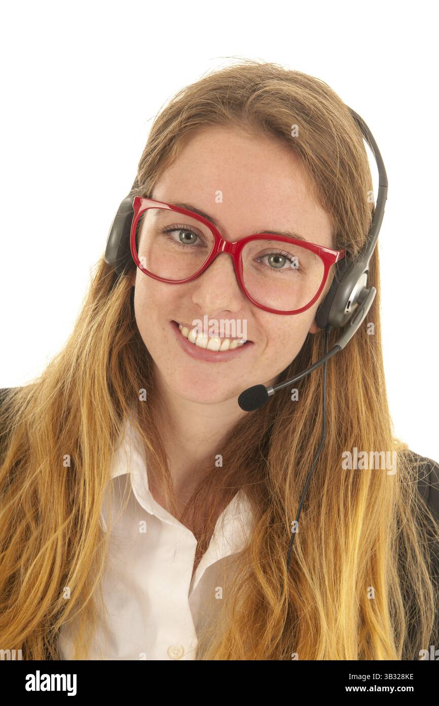 Blond woman with headset for customer support on the phone isolated ...