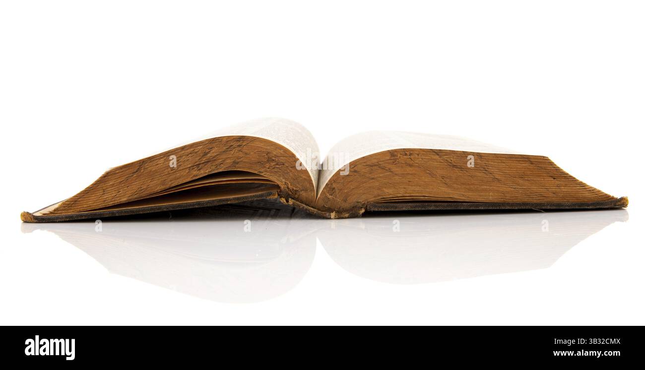 Very old open book isolated over white background Stock Photo - Alamy