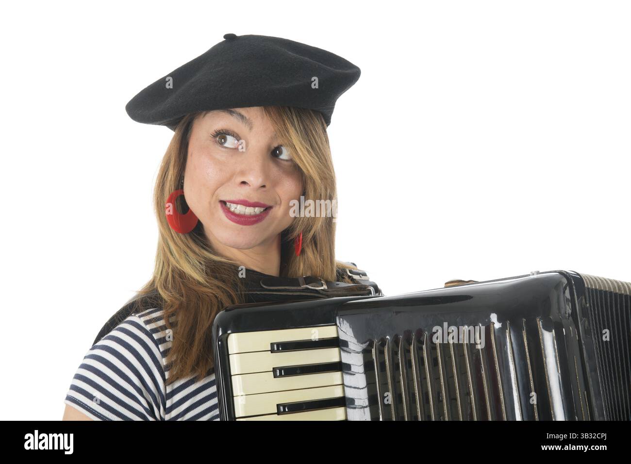 Portrait French girl making music with accordion instrument isolated ...