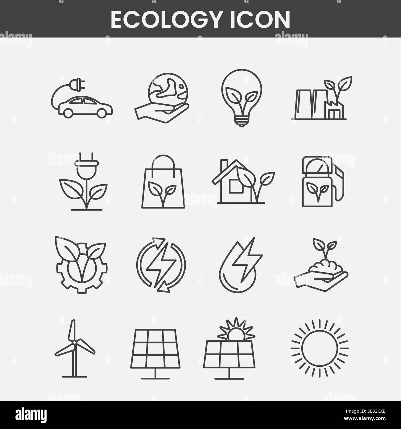 Minimalist Ecology Icons Set with Line Art Environmental Symbols and Sustainable Energy Concepts ...
