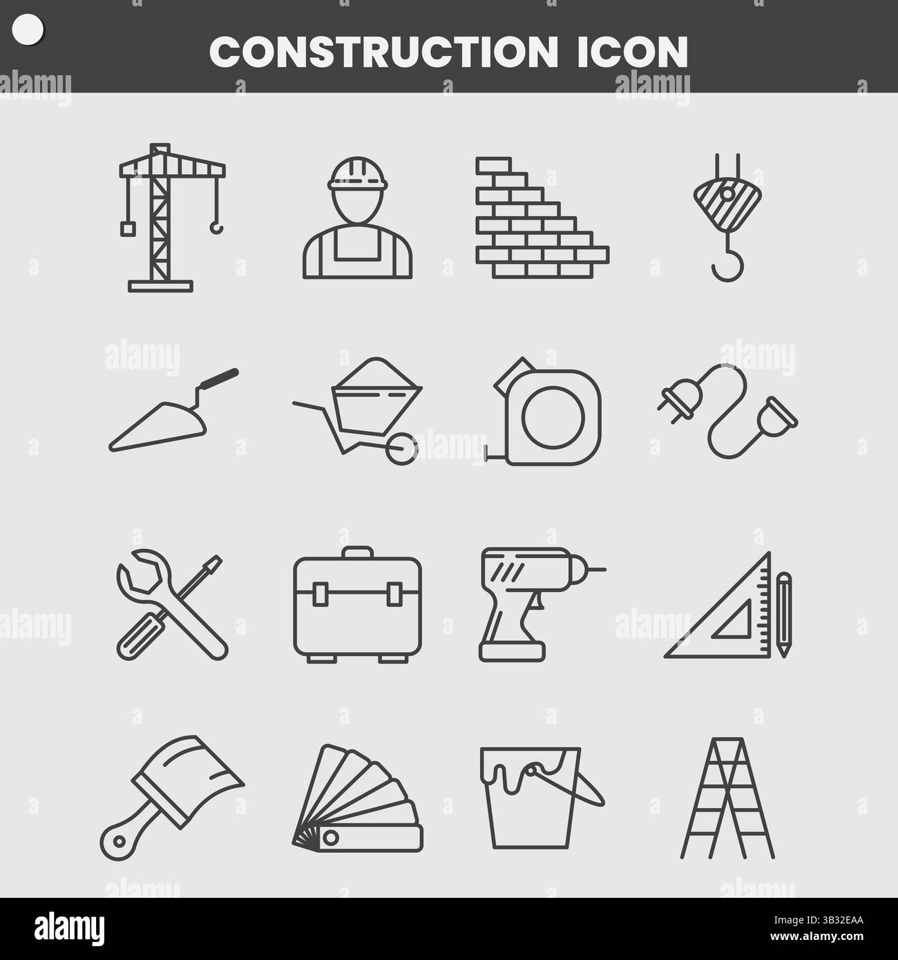 Minimalist Construction Icon Set with Building Tools, Crane, Worker ...