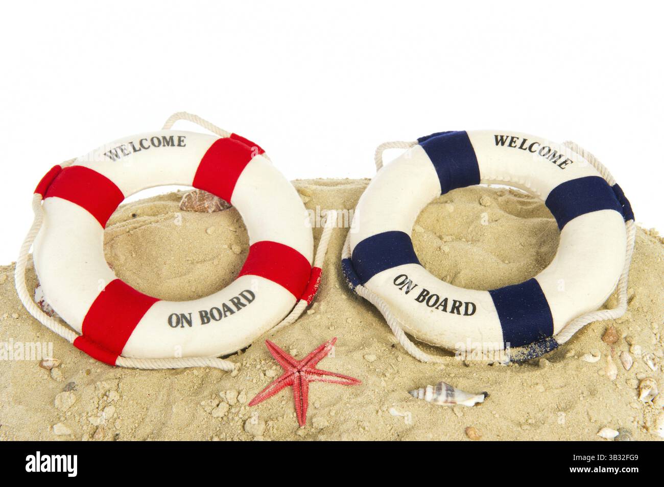 Two life buoys with welcome on board in the sand Stock Photo - Alamy
