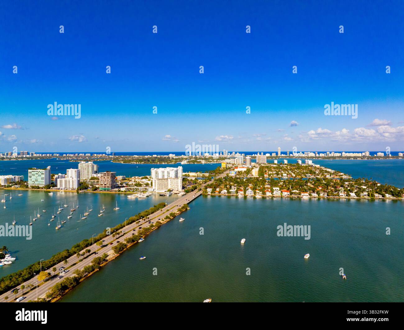 Aerial photo of Miami North Bay Village. Image shows 79th Street bridge ...