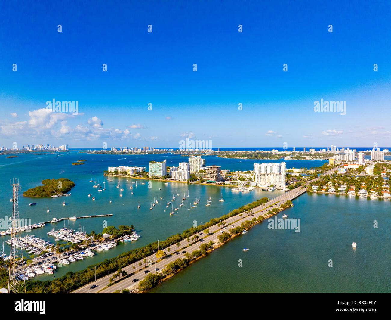 Aerial photo of Miami North Bay Village. Image shows 79th Street bridge ...