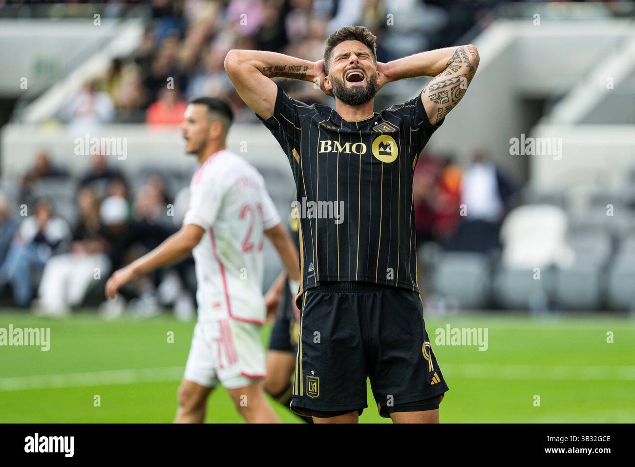 LAFC forward Olivier Giroud (9) reacts during a MLS match against the St. Louis City SC, Sunday ...