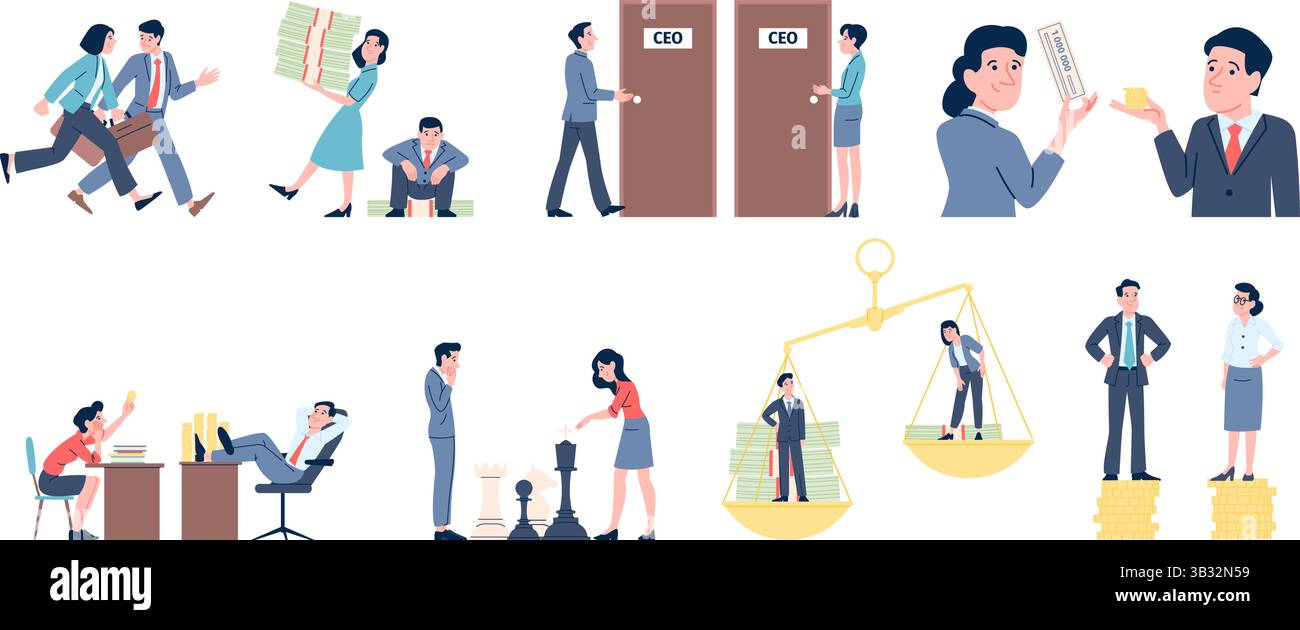 Poor and rich. Salary gap and gender equality at work. Male female career opportunities ...