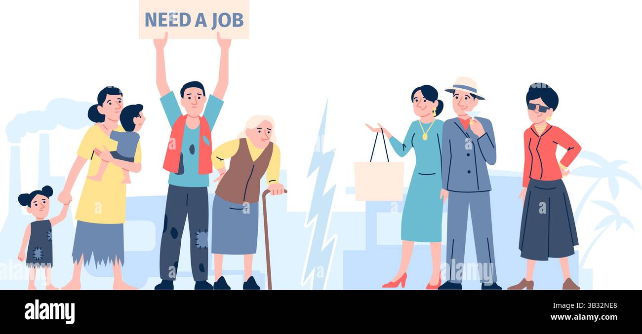 Social inequality. Rich vs poor people crowd, poverty and richness ...