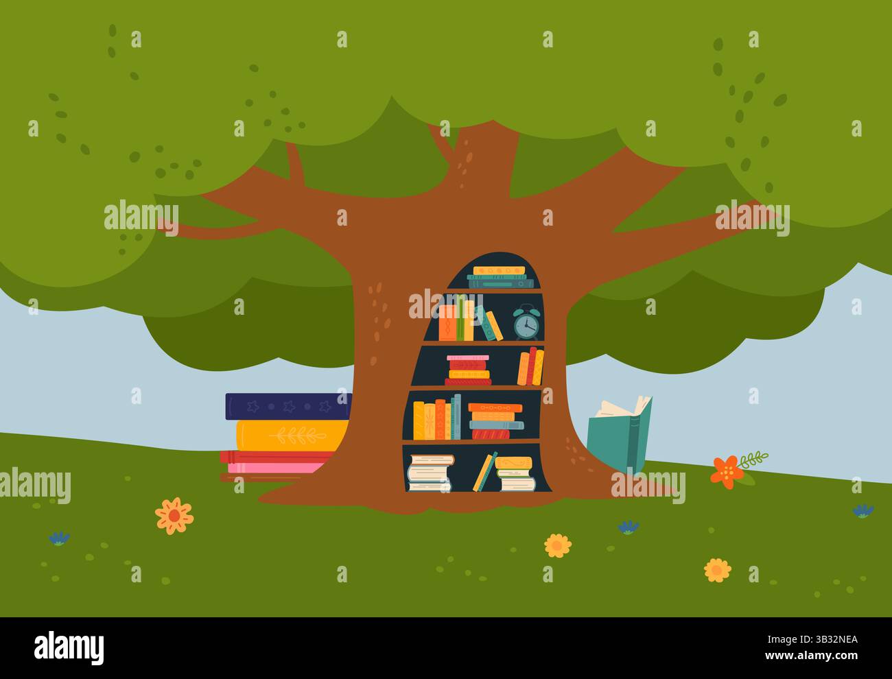Forest library. Fairy tale landscape with oak tree and book shelves in ...