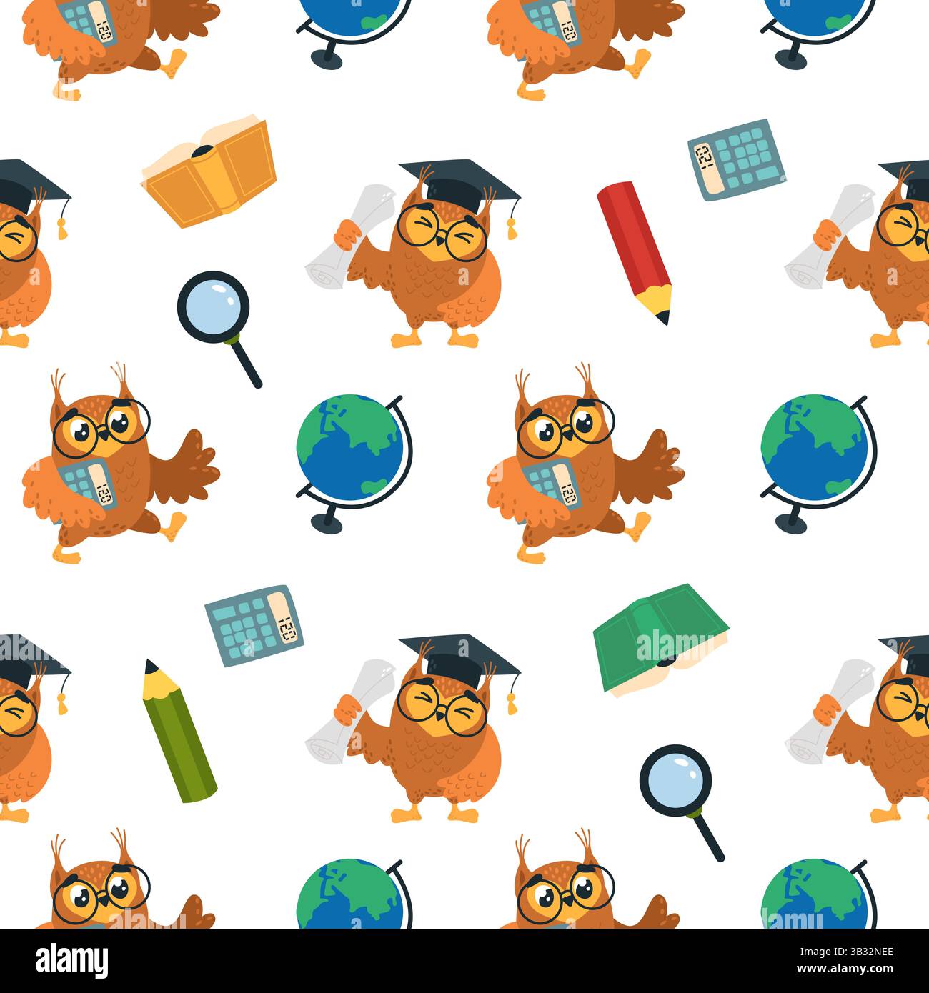 Smart cartoon owls seamless pattern. School owl character, wild birds ...