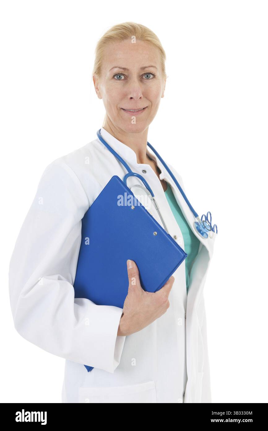Physician with blue clipboard isolated over white background Stock ...