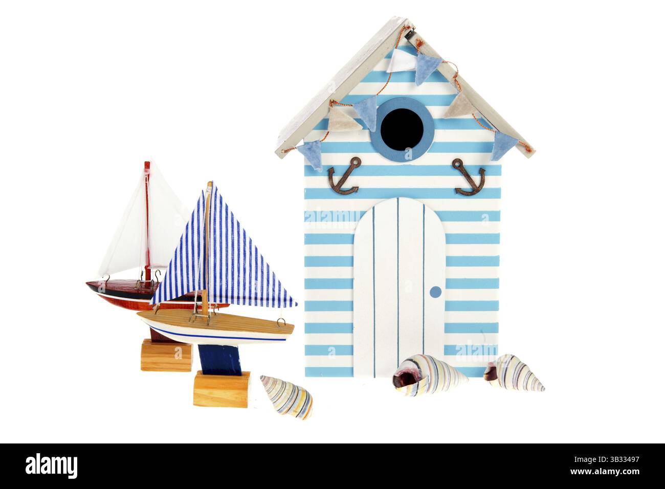 Summer beach hut withsailing boats and shells Stock Photo - Alamy