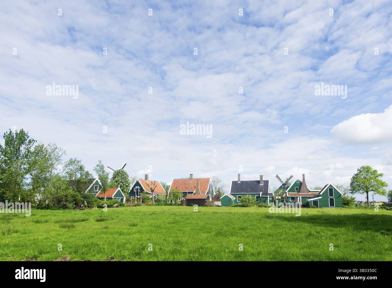 Typical Dutch village with green wooden houses and windmill Stock Photo ...