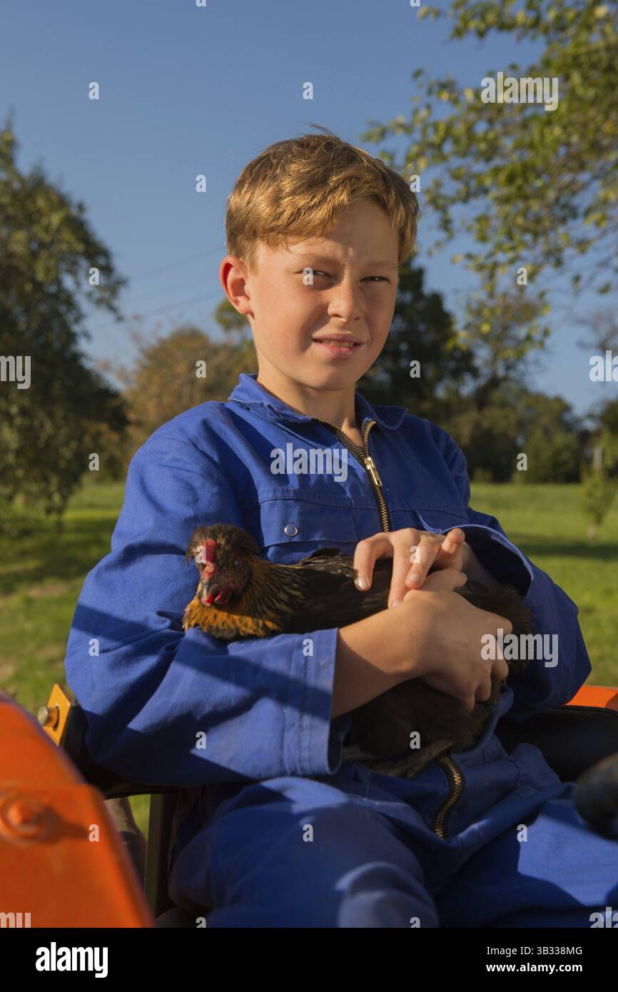 Farm boy with chicken riding on orange tractor Stock Photo - Alamy