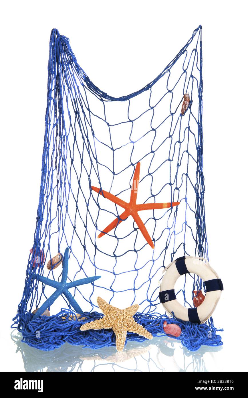 Blue fishing net with shells isolated over white background Stock Photo ...