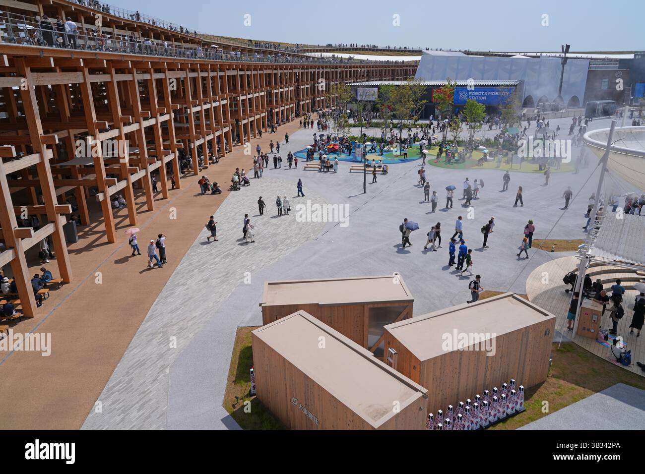 OSAKA, JAPAN -19 APR 2025 - View of the Grand Ring, a wooden timber ...