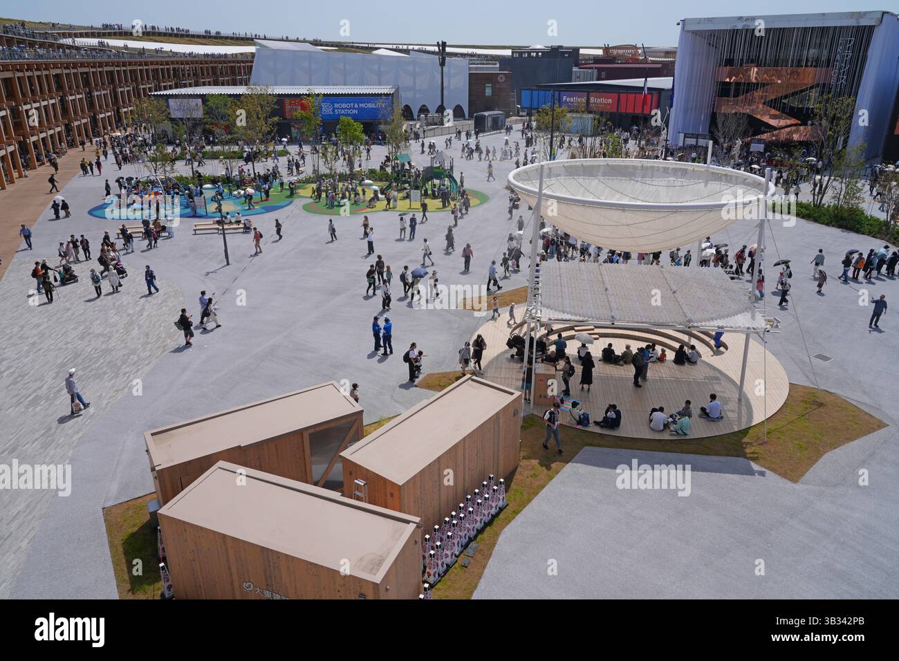 OSAKA, JAPAN -19 APR 2025 - View of the Grand Ring, a wooden timber ...