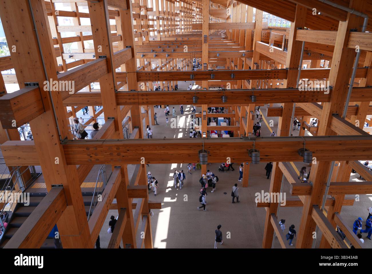 OSAKA, JAPAN -19 APR 2025 - View of the Grand Ring, a wooden timber ...